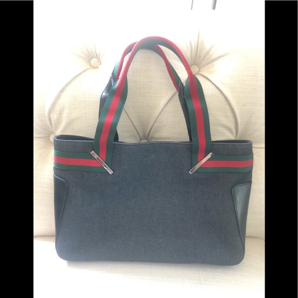 Gucci | Bags | Gucci Denim Tote With Iconic Gucci Colored Straps | Poshmark